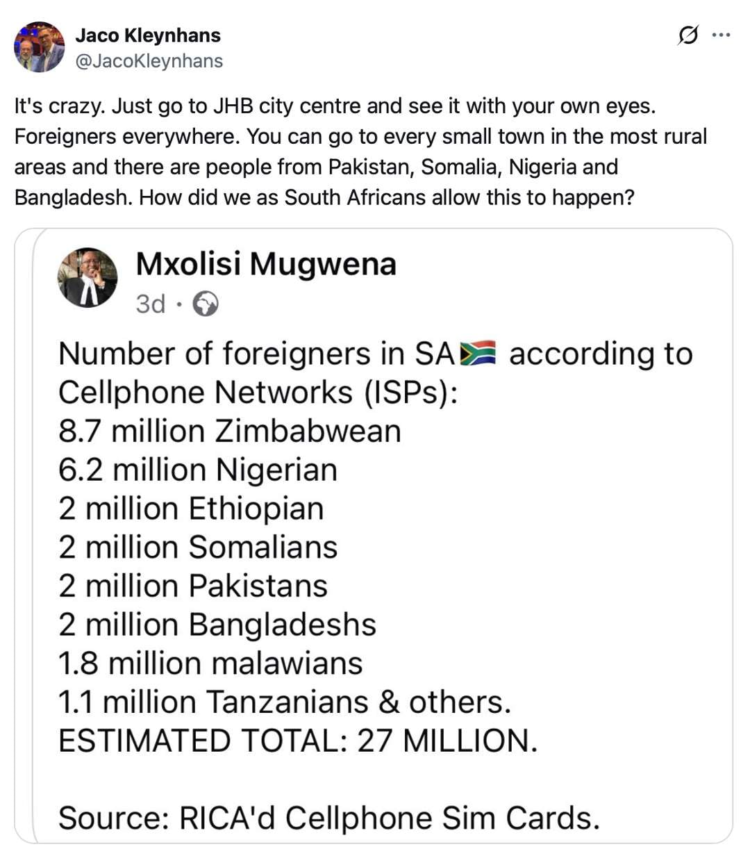 Claim that SIM card data shows 27m foreigners in SA – nearly half the ...